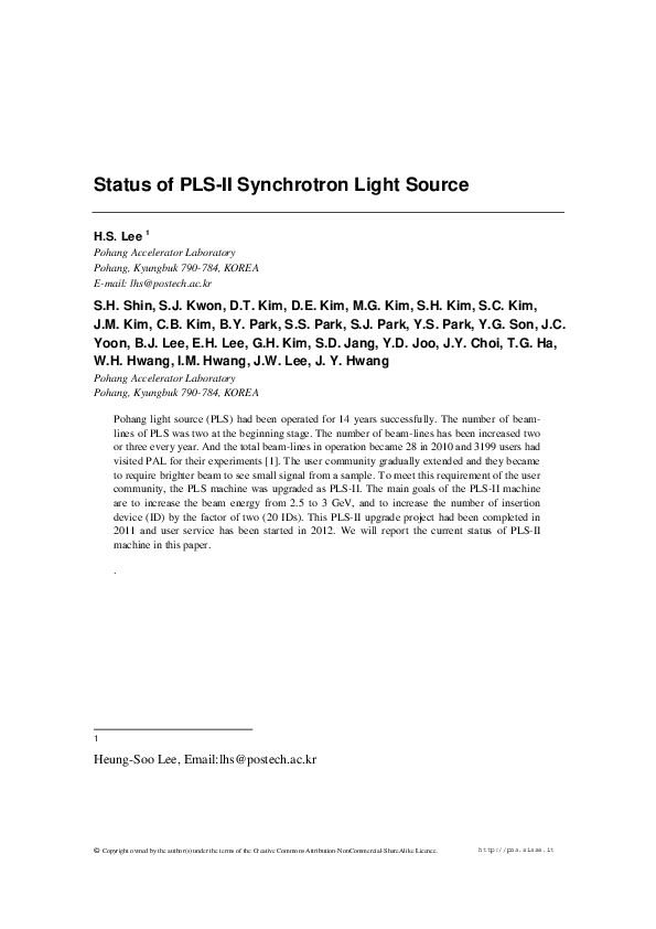 (PDF) Status of the PLS-II Synchrotron Light Source