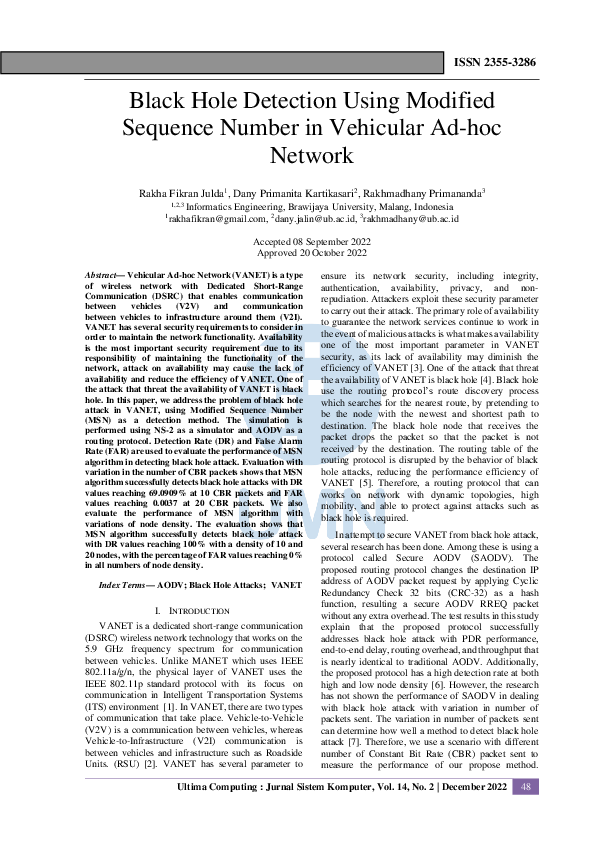 Pdf Black Hole Detection Using Modified Sequence Number In Vehicular