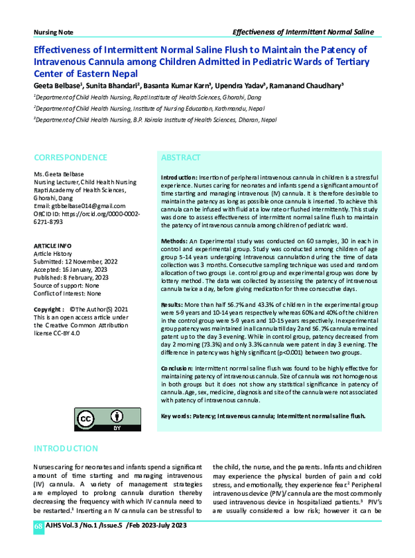 (PDF) Effectiveness of Intermittent Normal Saline Flush to Maintain the ...