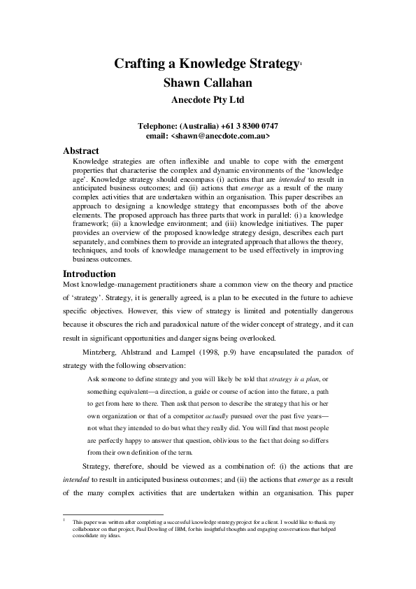 (PDF) Crafting a Knowledge Strategy1
