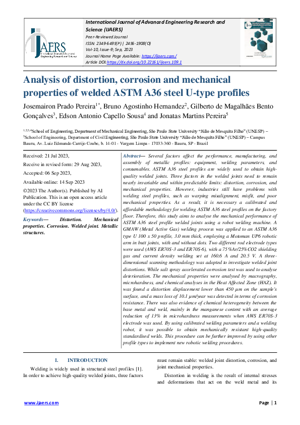 (PDF) Analysis of distortion, corrosion and mechanical properties of welded ASTM A36 steel U ...