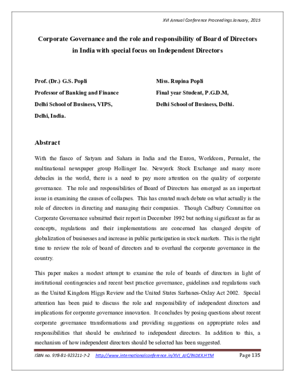 (PDF) Corporate Governance and the Role and Responsibility of Board of Directors in India with ...