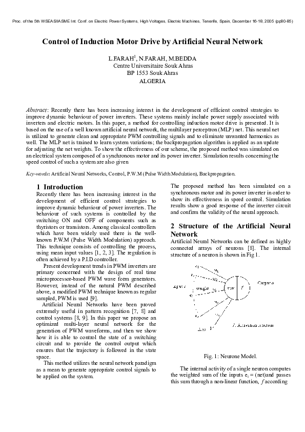 Pdf Control Of Induction Motor Drive By Artificial Neural Network Farah Lotfi