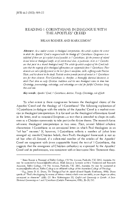 (PDF) Reading 1 Corinthians In Dialogue With The Apostles' Creed