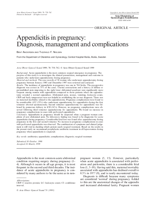 (PDF) Appendicitis in pregnancy, Diagnosis, management and complications