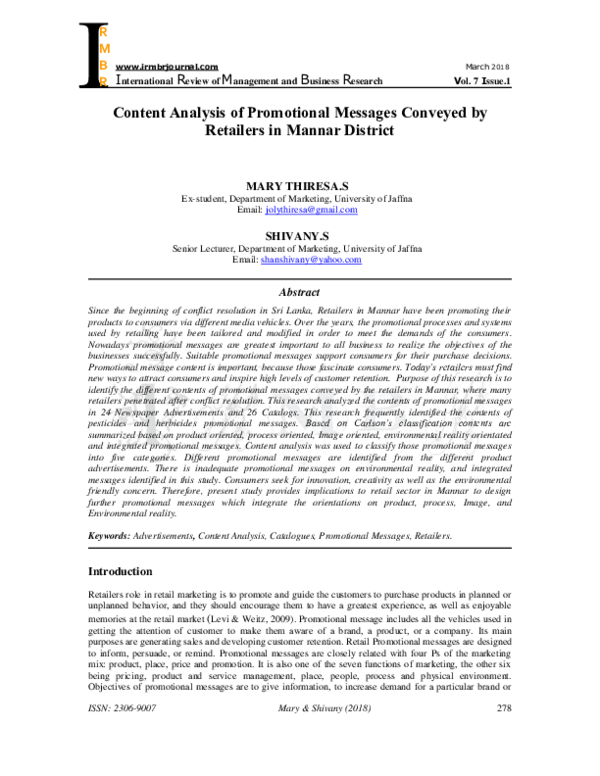(PDF) Content Analysis of Promotional Messages Conveyed by Retailers in Mannar District