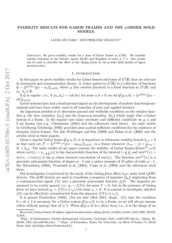 (PDF) Stability results for Gabor frames and the p-order hold models