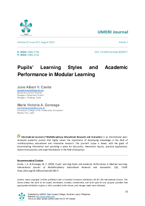 (PDF) Pupils' Learning Styles and Academic Performance in Modular Learning