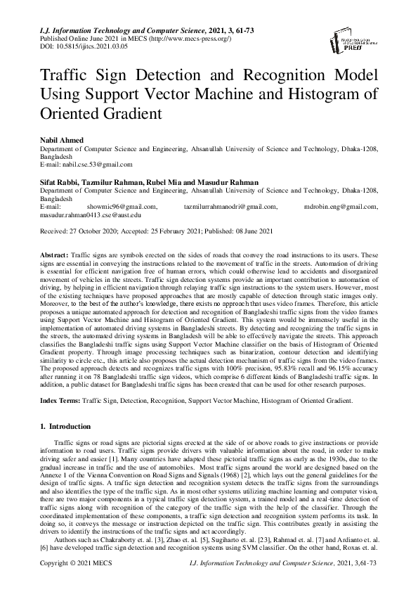 (PDF) Traffic Sign Detection and Recognition Model Using Support Vector Machine and Histogram of ...