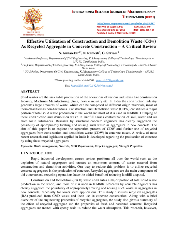 (PDF) Effective Utilisation of Construction and Demolition Waste (Cdw ...