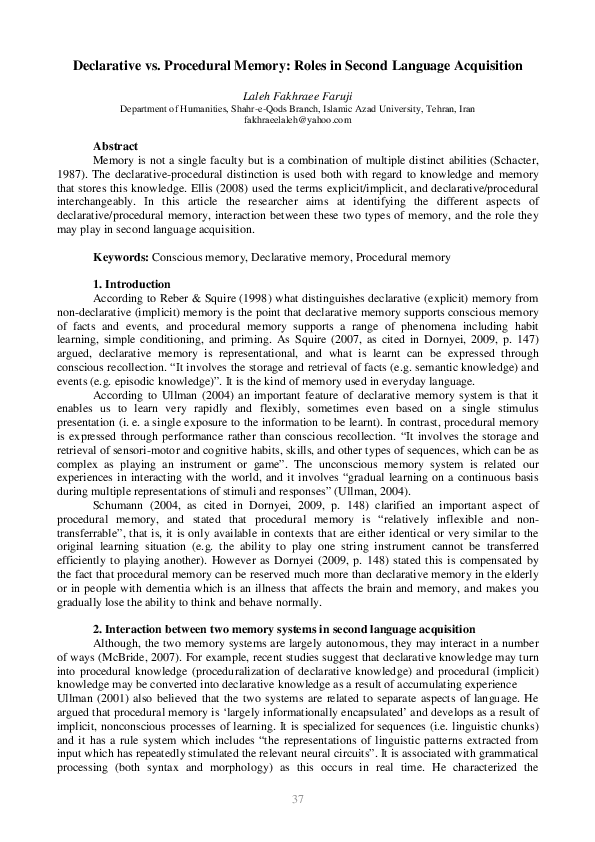 (PDF) Declarative vs. Procedural Memory: Roles in Second Language ... (PDF) Declarative vs. Procedural Memory: Roles in Second Language ...
