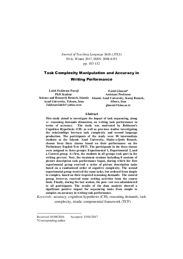 Pdf Task Complexity Manipulation And Accuracy In Writing Performance Laleh Fakhraee Faruji
