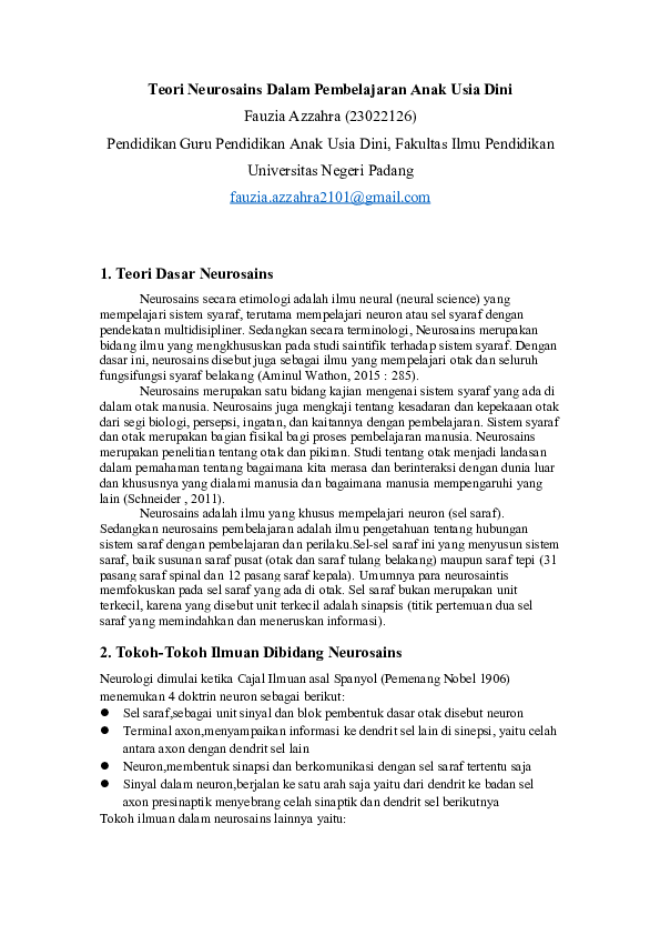 (DOC) Tugas Individu Teori Neurosains Dalam Pembelajaran Anak Usia Dini