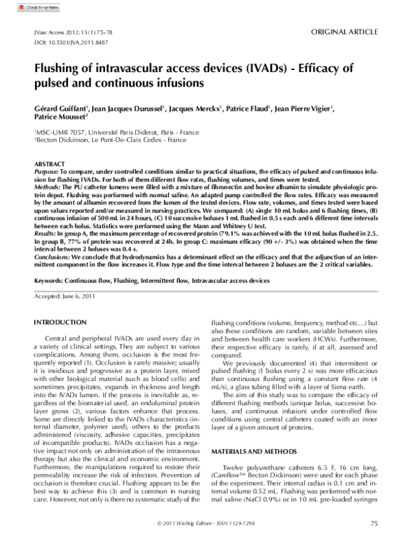 (PDF) Flushing of Intravascular Access Devices (IVADs) - Efficacy of ...