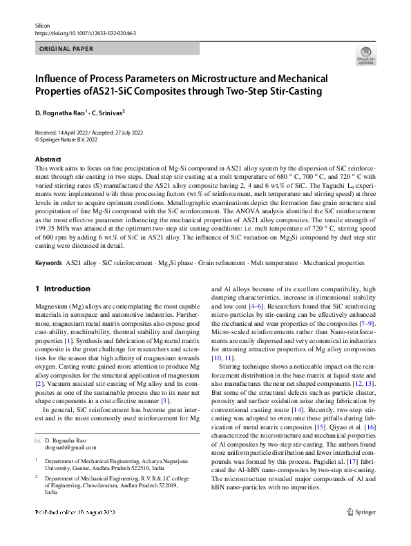 (PDF) Influence of Process Parameters on Microstructure and Mechanical Properties ofAS21-SiC ...