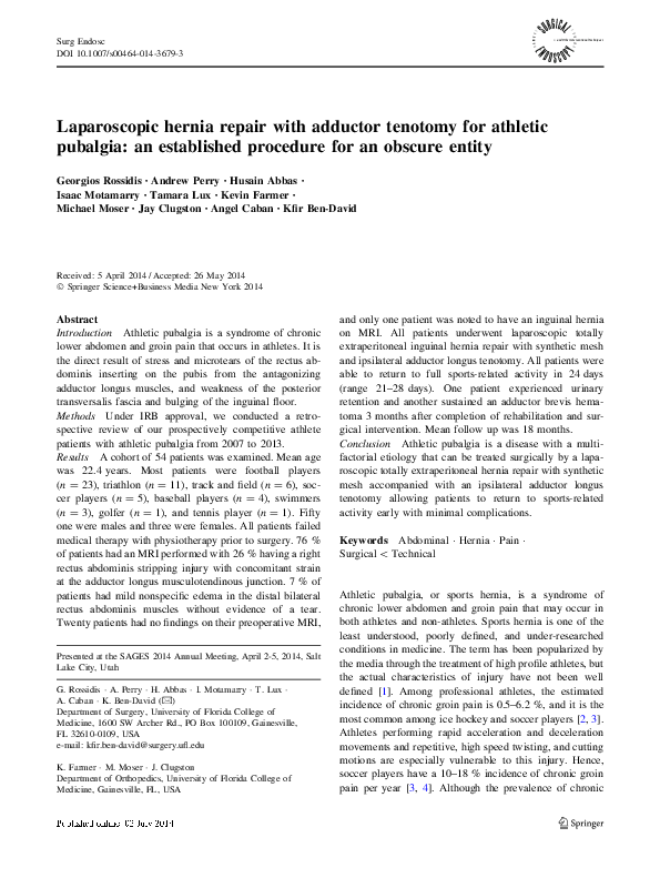(PDF) Laparoscopic hernia repair with adductor tenotomy for athletic ...