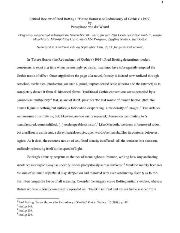 (PDF) Critical Review: of Fred Botting for MMU 20th Century Gothic module