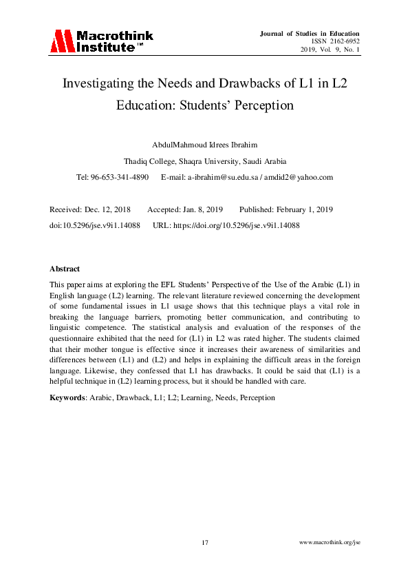 (PDF) L1 Use in L2 Learning: Student Perspectives
