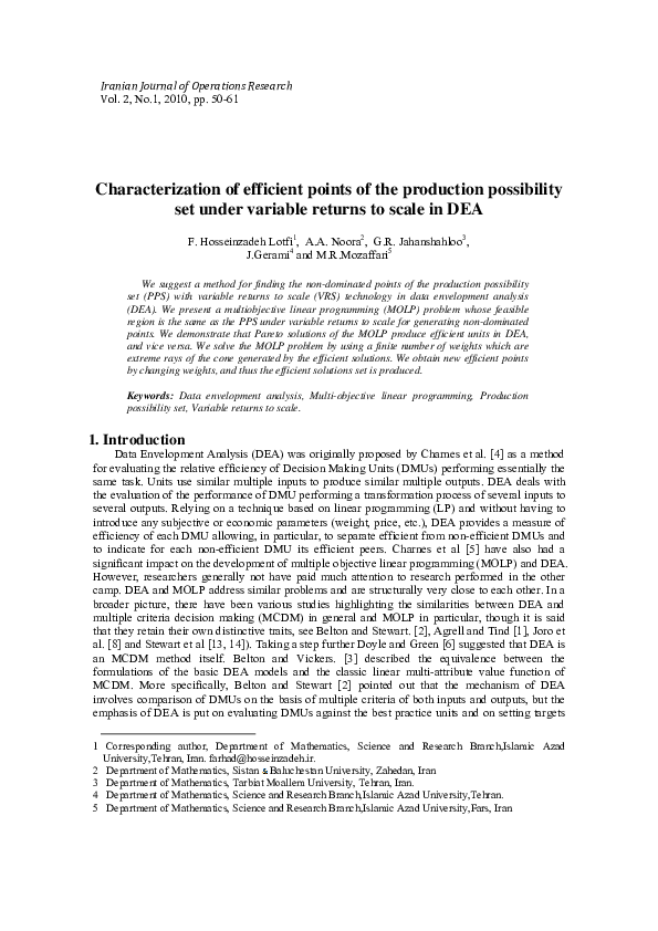 (PDF) Characterization of efficient points of the production possibility set under variable ...
