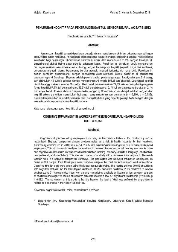 (PDF) Penurunan Kognitif Pada Pekerja Dengan Tuli Sensorineural Akibat Bising