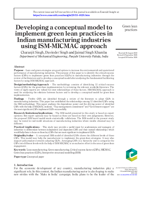 (PDF) Developing a conceptual model to implement green lean practices in Indian manufacturing ...