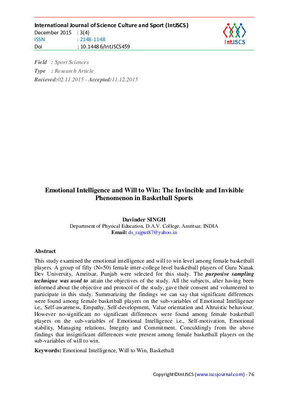 (PDF) Emotional Intelligence and Will to Win: The Invincible and ...