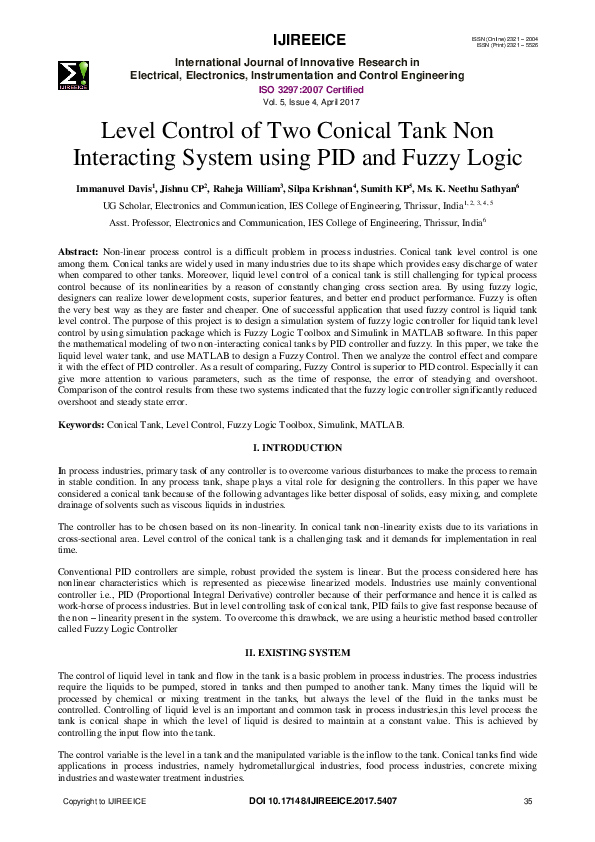 (PDF) Level Control of Two Conical Tank Non Interacting System using PID and Fuzzy Logic