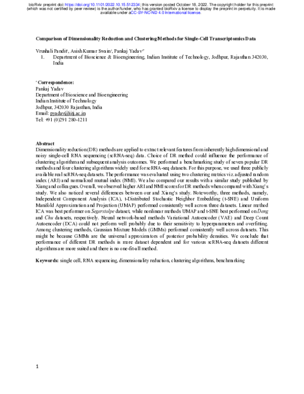 Pdf Comparison Of Dimensionality Reduction And Clustering Methods For Single Cell