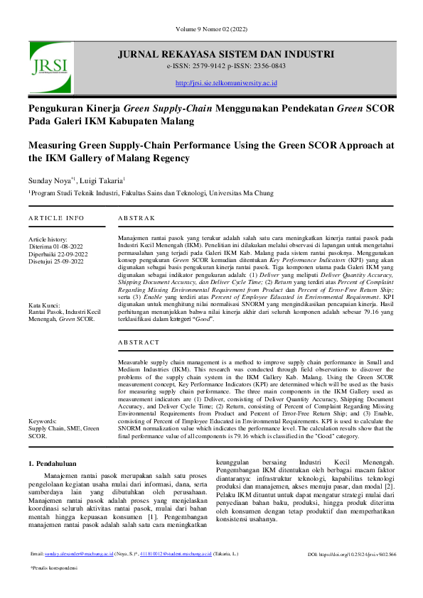 Pdf Pengukuran Kinerja Green Supply Chain Menggunakan Pendekatan Green Scor Pada Galeri Ikm