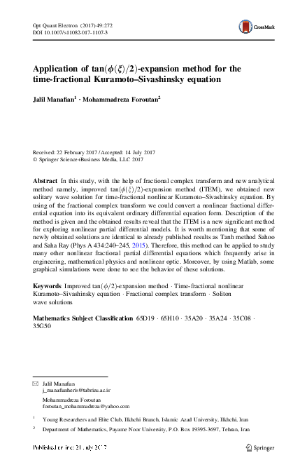 (PDF) Application of $$\tan (\phi (\xi )/2)$$ tan ( ϕ ( ξ ) / 2 ...