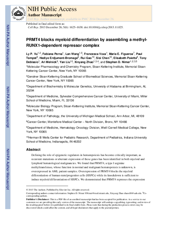 Pdf Prmt4 Blocks Myeloid Differentiation By Assembling A Methyl Runx1 Dependent Repressor
