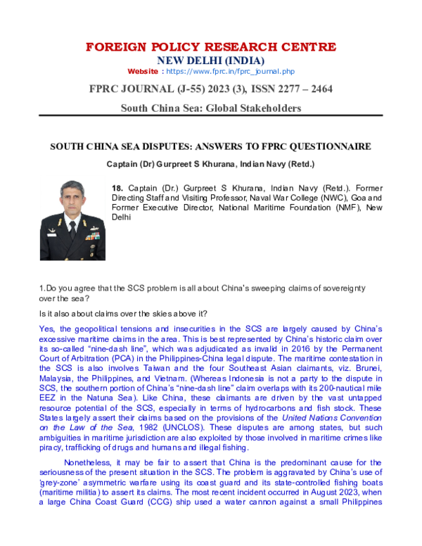 (DOC) SOUTH CHINA SEA DISPUTES: ANSWERS TO FPRC QUESTIONNAIRE
