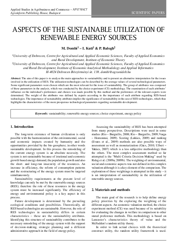 (PDF) Aspects of the Sustainable Utilization of Renewable Energy Sources
