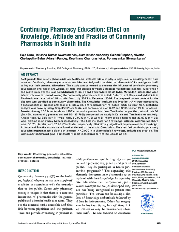 (PDF) Continuing Pharmacy Education: Effect on Knowledge, Attitude and Practice of Community ...
