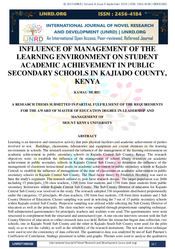 (PDF) INFLUENCE OF THE LEARNING ENVIRONMENT ON ACADEMIC ACHIEVEMENT IN PUBLIC SECONDARY SCHOOLS ...
