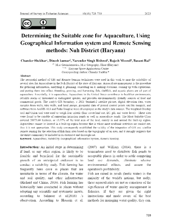 (PDF) Determining the Suitable zone for Aquaculture Nuh District (Haryana)