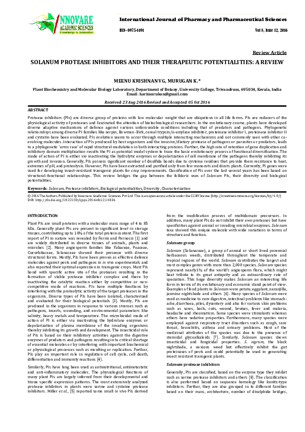 (PDF) SOLANUM PROTEASE INHIBITORS AND THEIR THERAPEUTIC POTENTIALITIES: A REVIEW