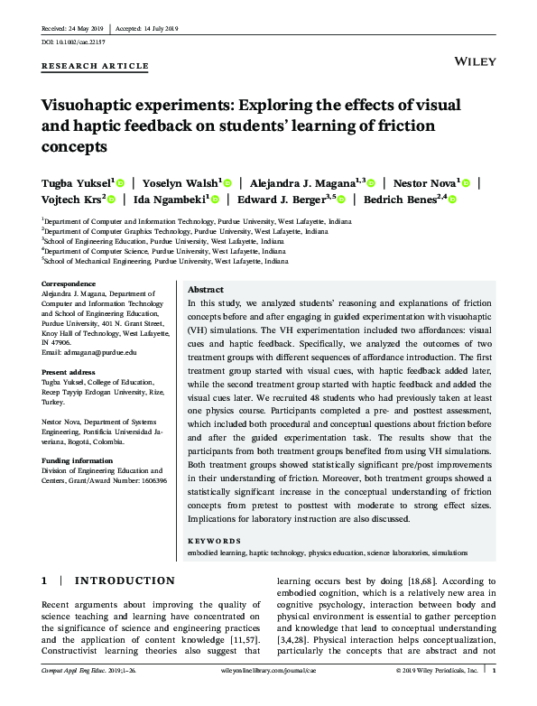 (PDF) Visuohaptic experiments: Exploring the effects of visual and haptic feedback on students ...
