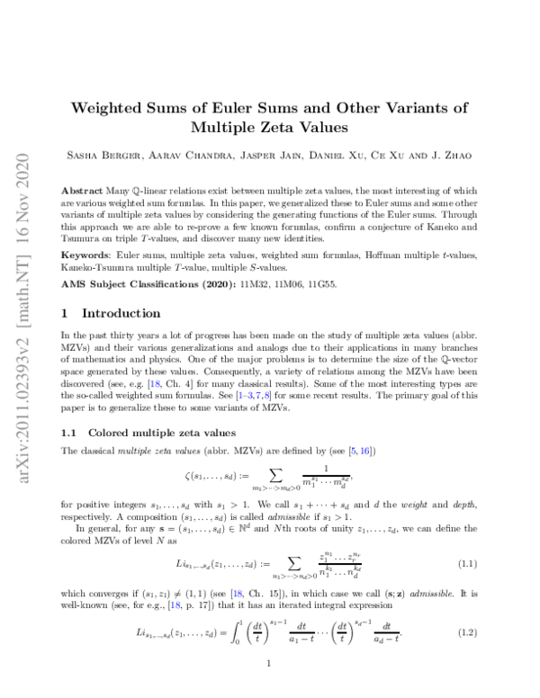 (PDF) Weighted Sums of Euler Sums and Other Variants of Multiple Zeta Values | Aarav Chandra ...