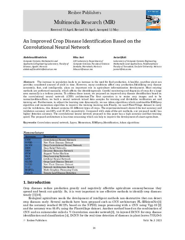 Pdf An Improved Crop Disease Identification Based On The Convolutional Neural Network