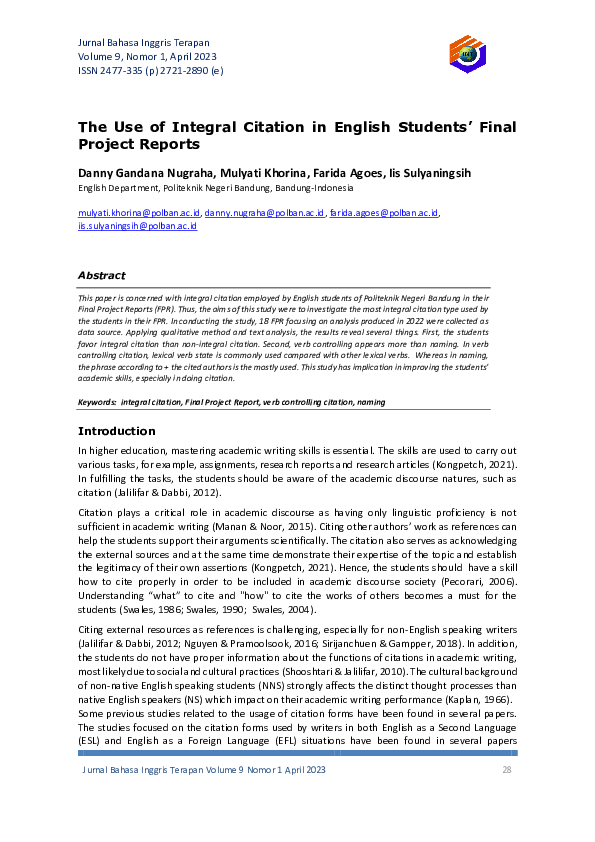 (PDF) The Use of Integral Citation in English Students’ Final Project ...