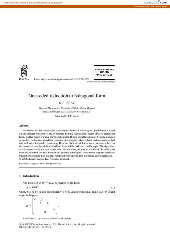 (PDF) One-sided reduction to bidiagonal form