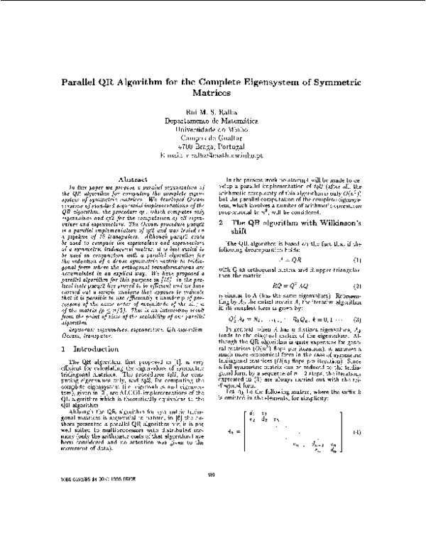 (PDF) Parallel QR algorithm for the complete eigensystem of symmetric matrices