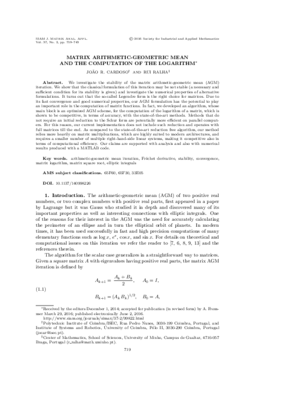 (PDF) Matrix Arithmetic-Geometric Mean and the Computation of the Logarithm
