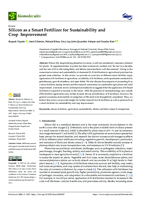 (PDF) Silicon as a Smart Fertilizer for Sustainability and Crop Improvement