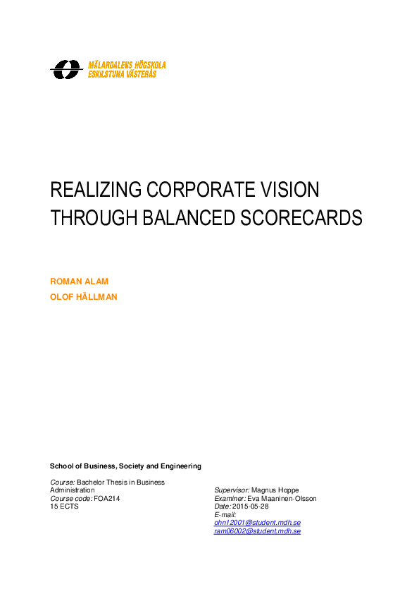 (PDF) Realizing Corporate Vision Through Balanced Scorecards