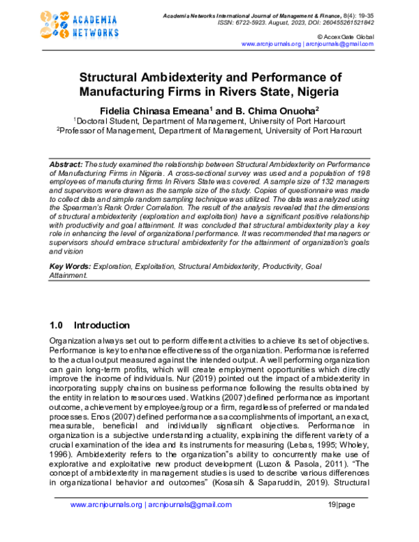 (PDF) Structural Ambidexterity and Performance of Manufacturing Firms ...
