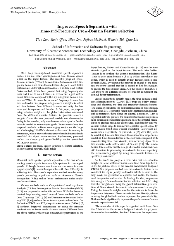 (PDF) Improved Speech Separation with Time-and-Frequency Cross-Domain Feature Selection