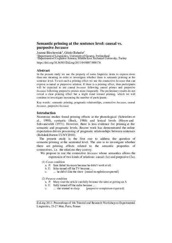(PDF) Semantic priming at the sentence level: causal vs. purposive because