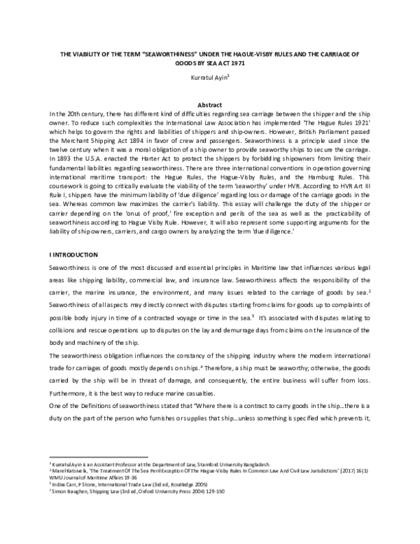 (PDF) THE VIABILITY OF THE TERM "SEAWORTHINESS" UNDER THE HAGUE-VISBY ...
